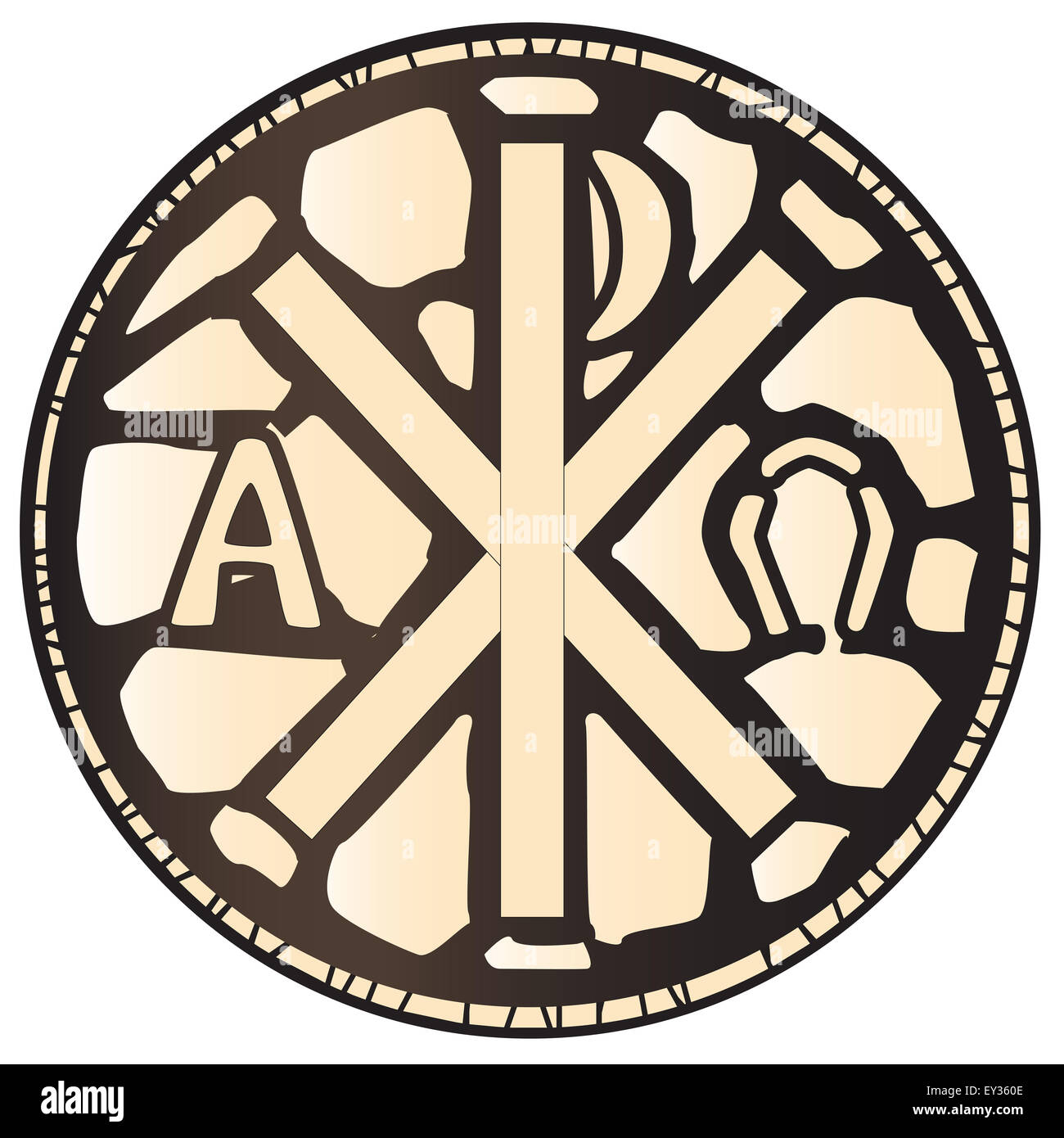 Stained glass window depicting Alpha Omega over a white background ...