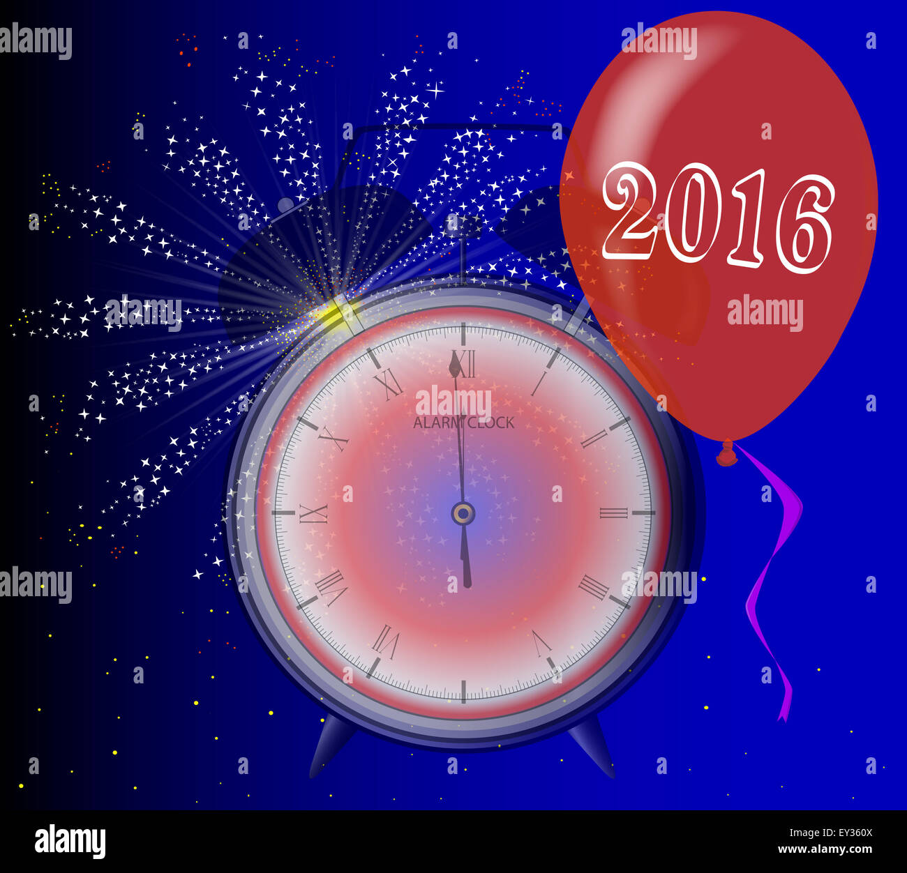 A 2016 midnight clock with balloon and firework explosion Stock Photo ...