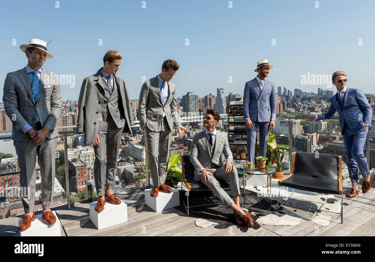 NEW YORK, NY - JULY 16, 2015: Models pose at Hickey Freeman ...