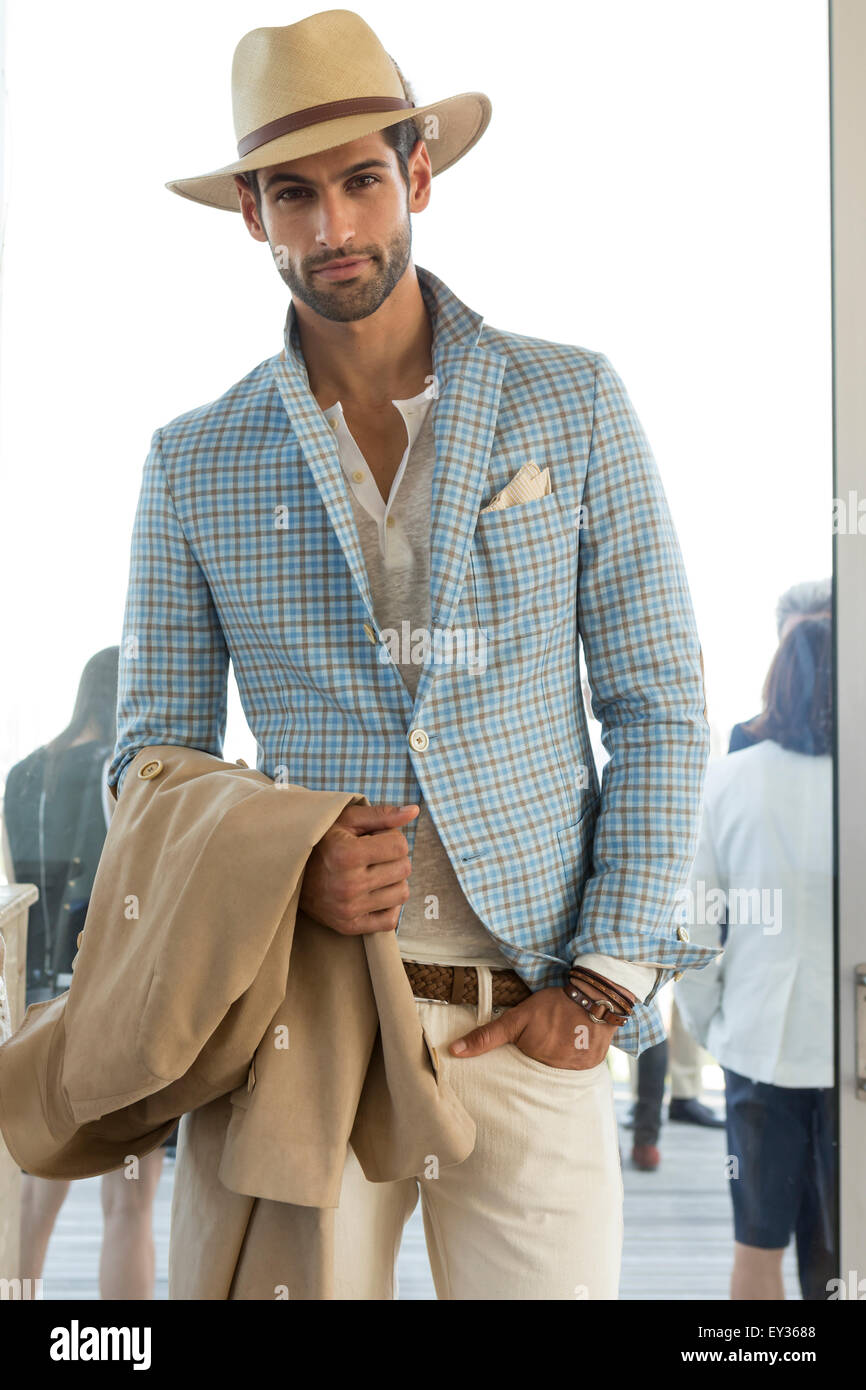 NEW YORK, NY - JULY 16, 2015: Adam Caldera poses at Hickey Freeman ...