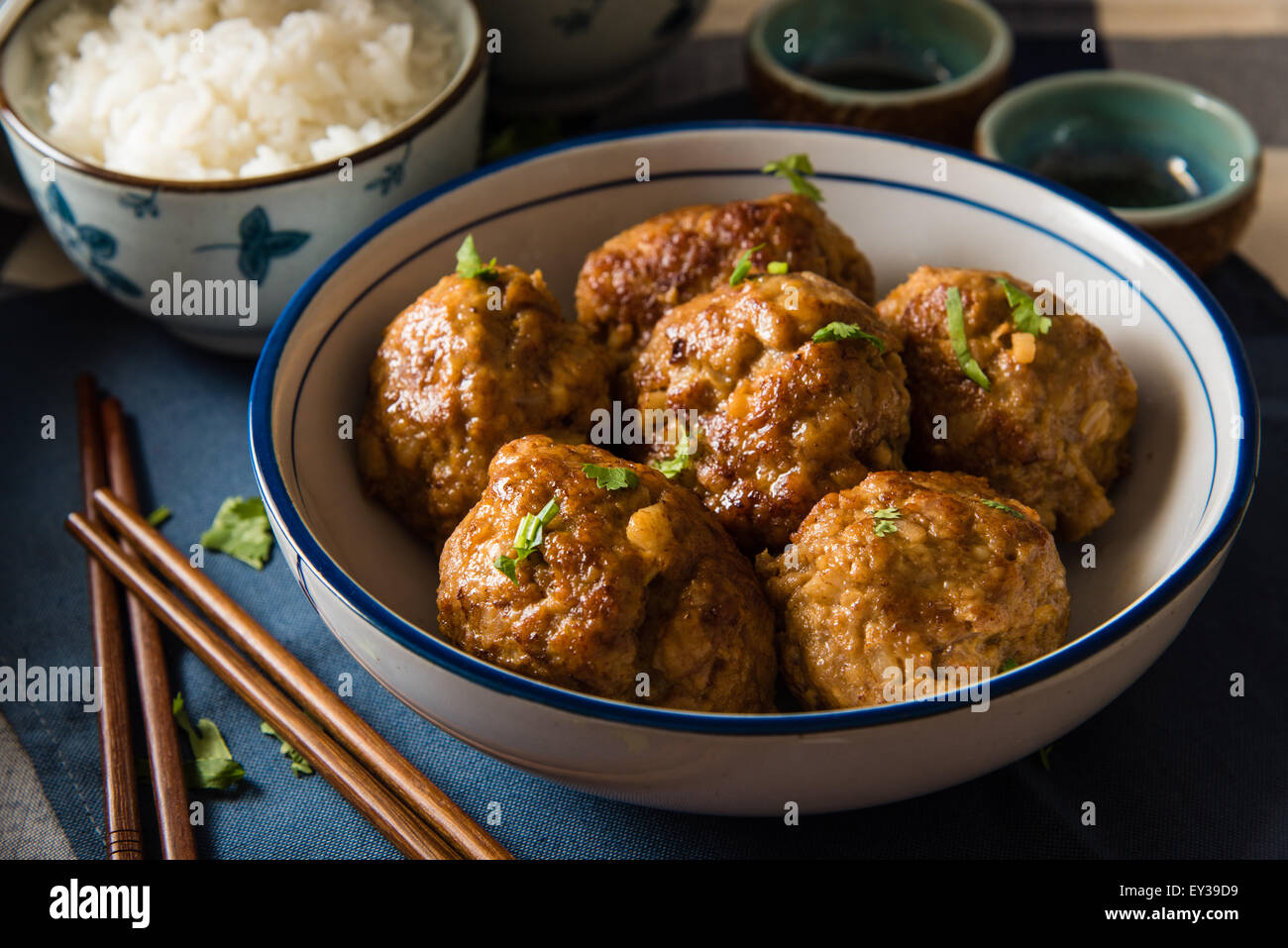 Asian Meatballs Served with White Rice Stock Photo - Alamy