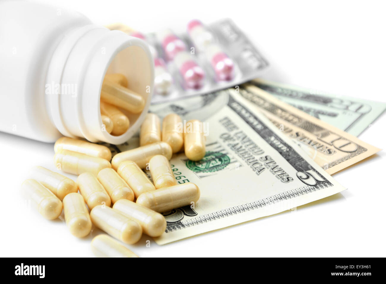 Medications on the table for treating patients on the white background ...