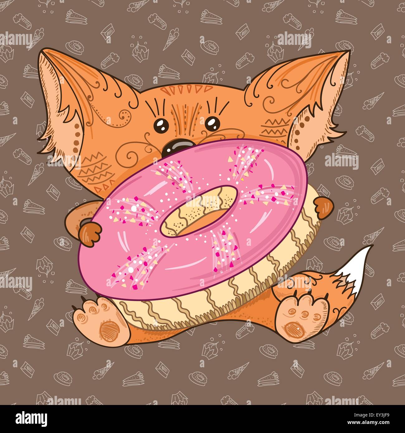 Baby fox with donut, Funny children vector illustration on brown yummy ...
