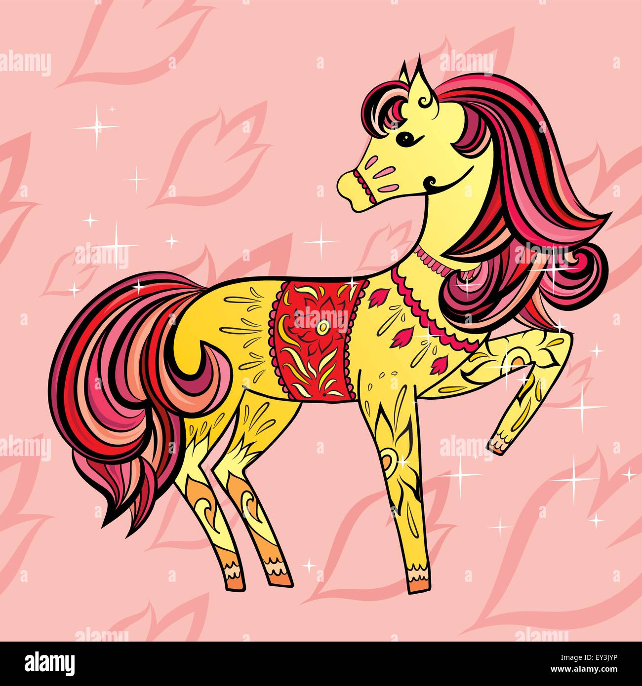Cute pink illustration with cartoon funny character with flowers and ...