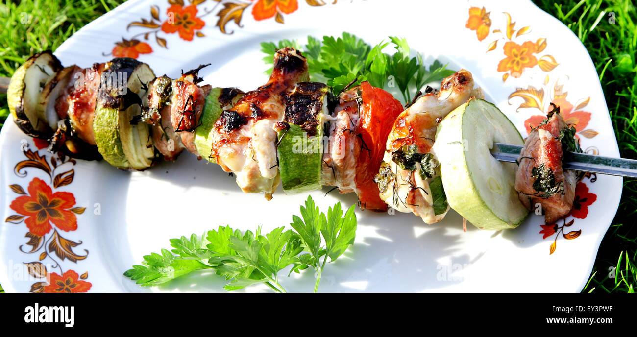 turkey shashlik barbeque with vegetables cooked on real wood fire Stock ...