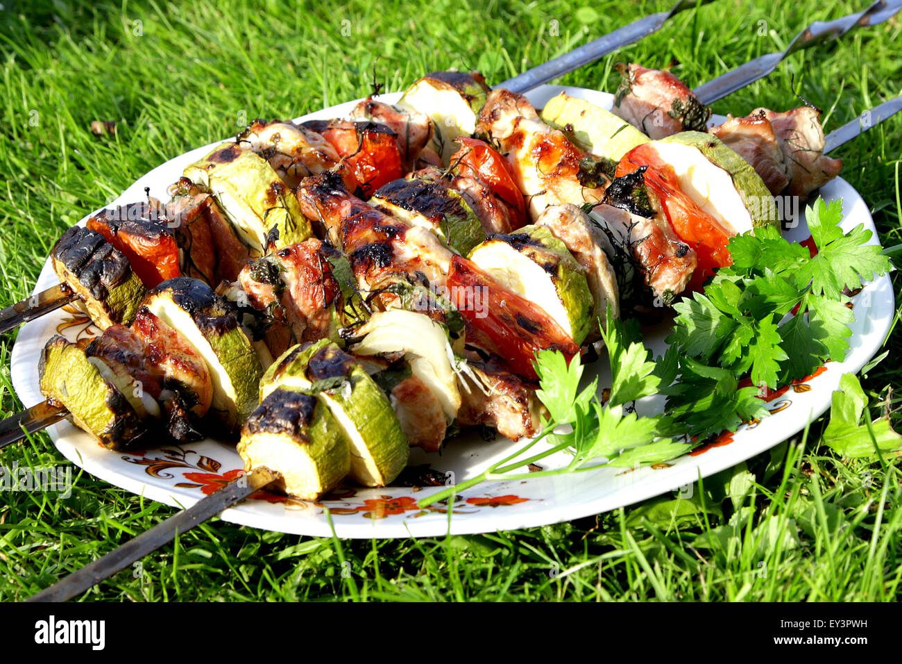turkey shashlik barbeque with vegetables cooked on real wood fire Stock ...