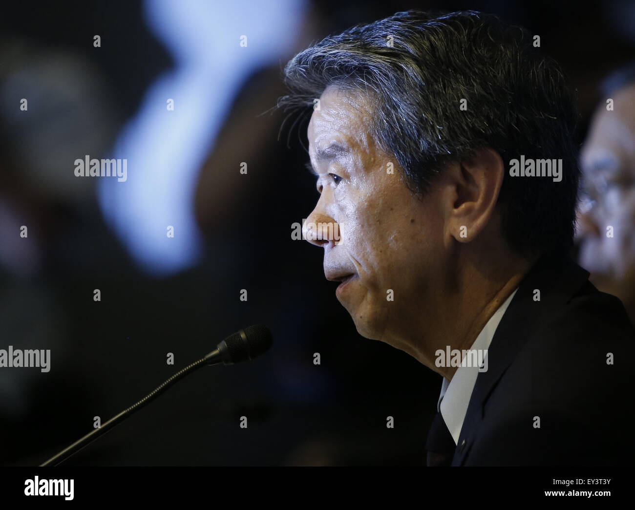 Tokyo, Japan. 21st July, 2015. Toshiba President Hisao Tanaka speaks ...