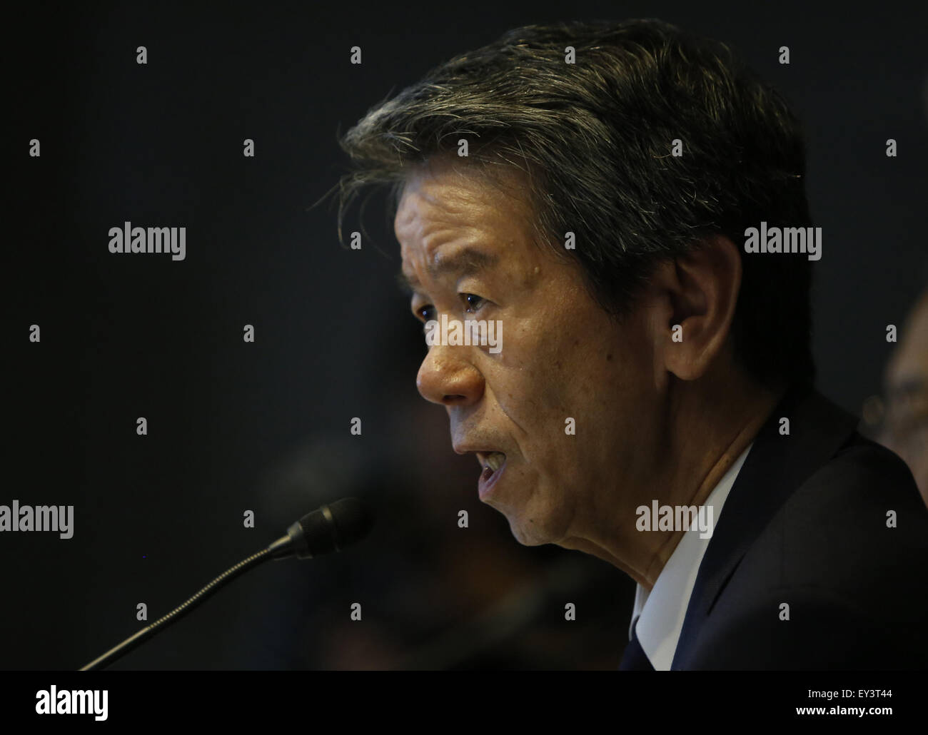 Tokyo, Japan. 21st July, 2015. Toshiba President Hisao Tanaka speaks ...