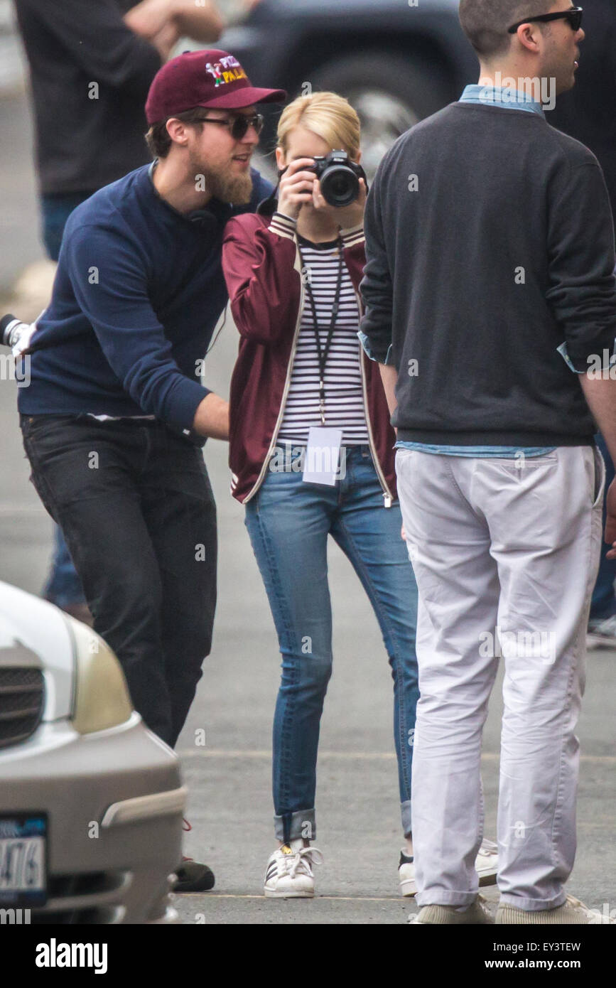 Emma Roberts acting as a high school sports photographer on the set of ...