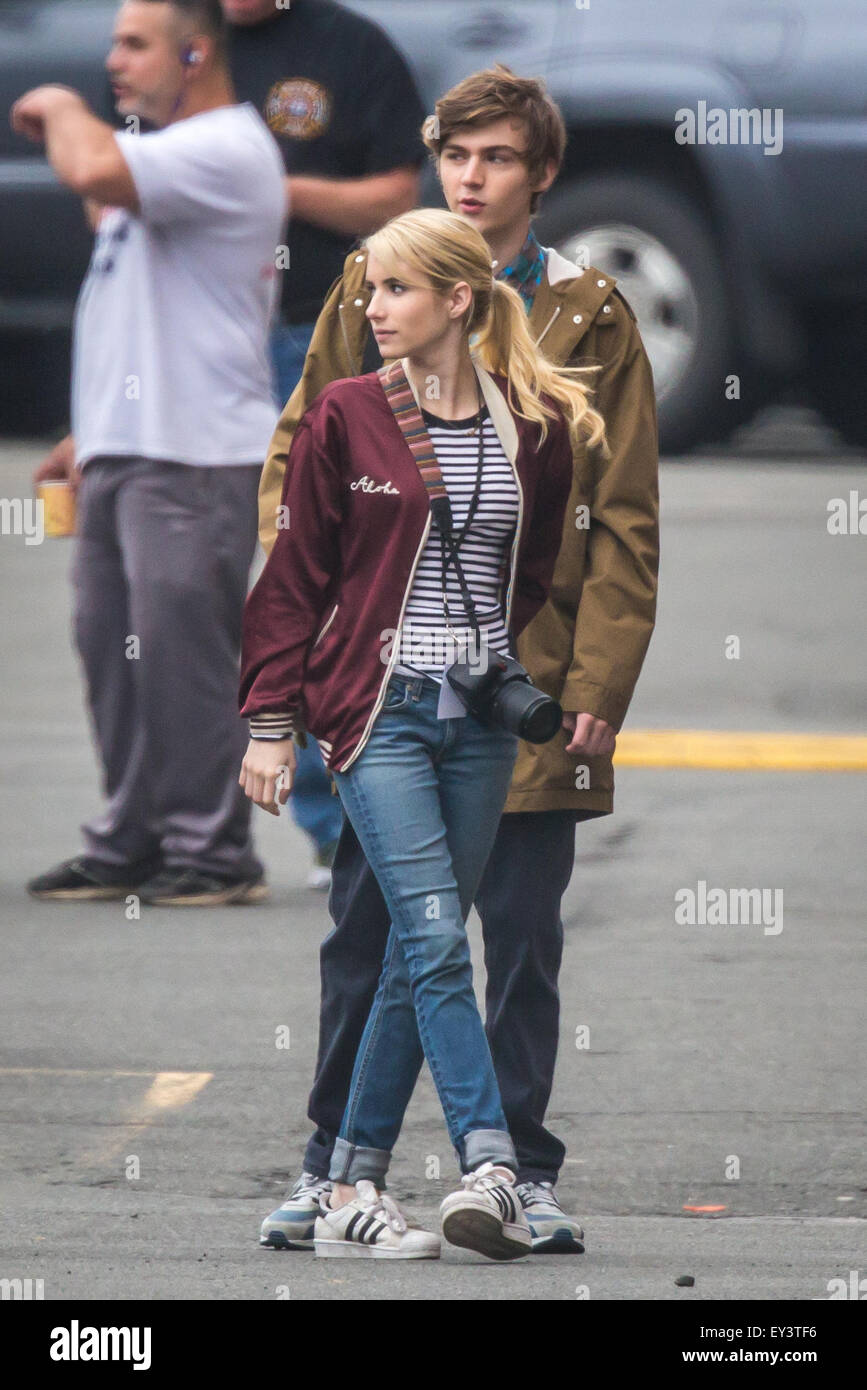 Emma Roberts acting as a high school sports photographer on the set of ...