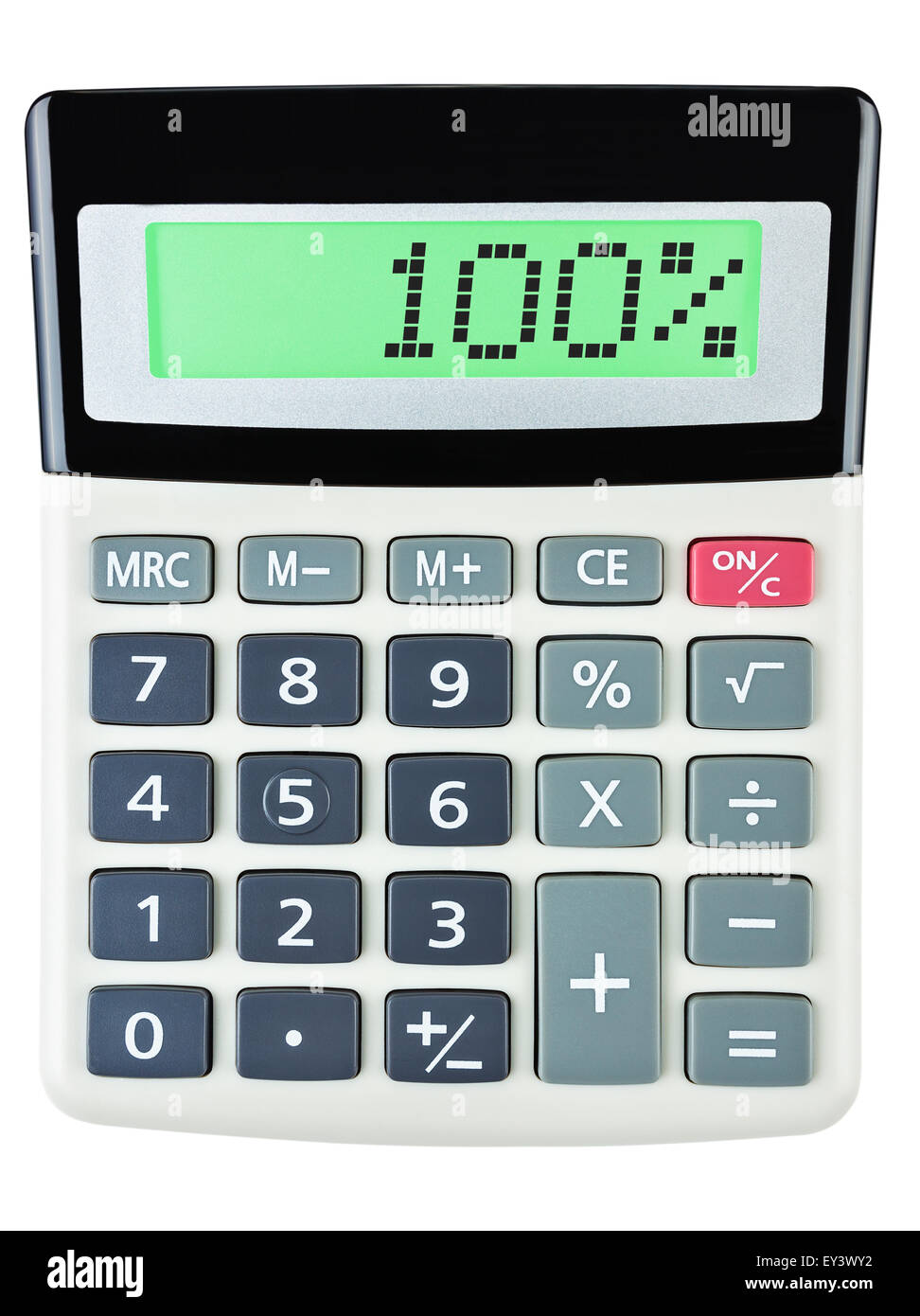 Calculator with 100 on display on white background Stock Photo - Alamy