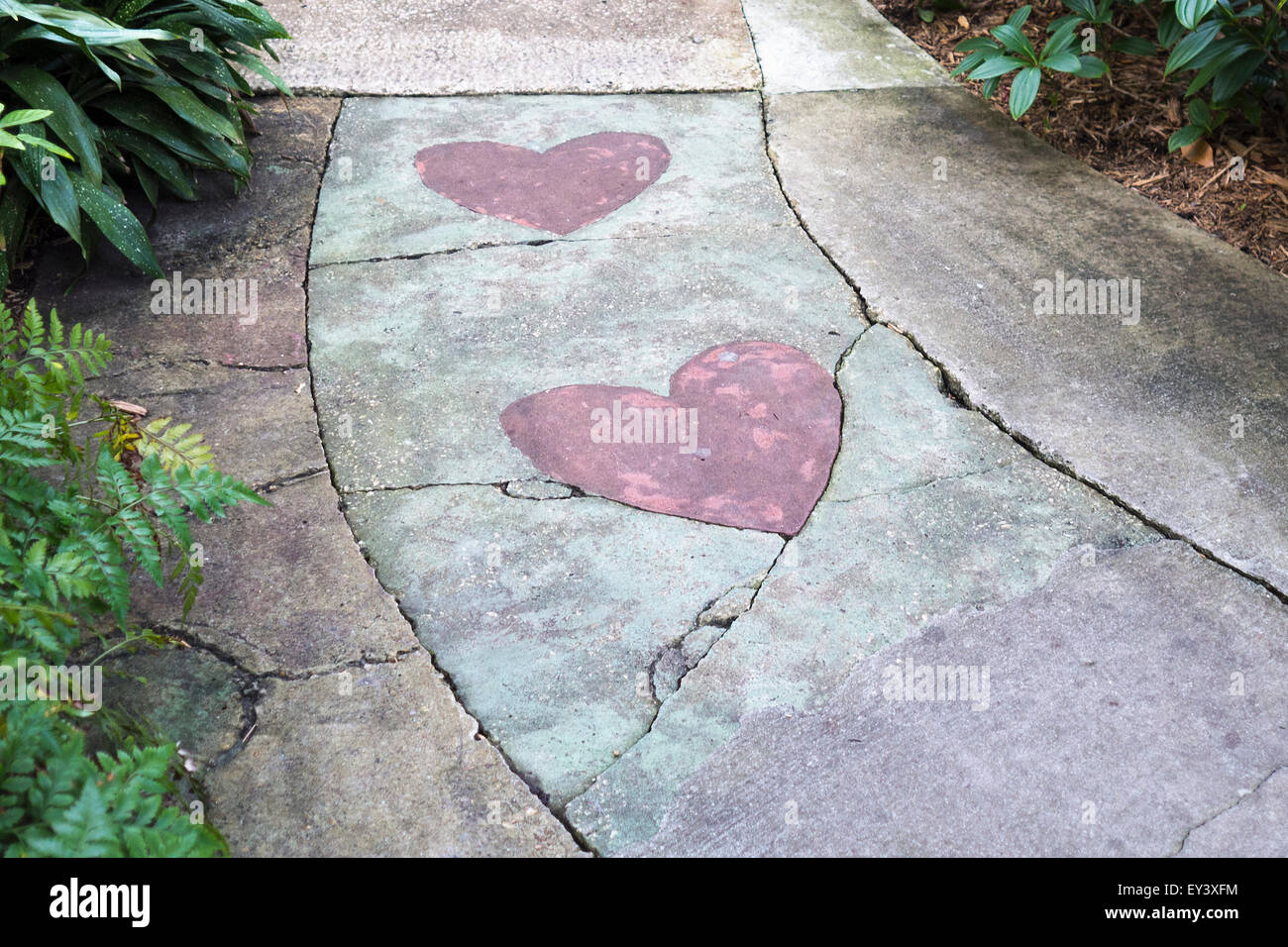 Pink heart shapes embedded in the surface of a walkway Stock Photo - Alamy