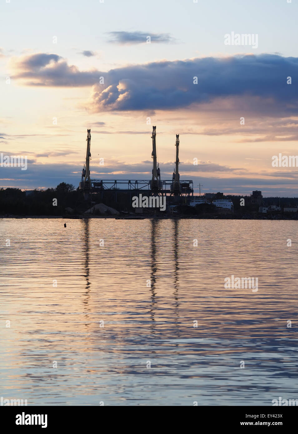 an industrial city on the shore of lake at sunset Stock Photo - Alamy