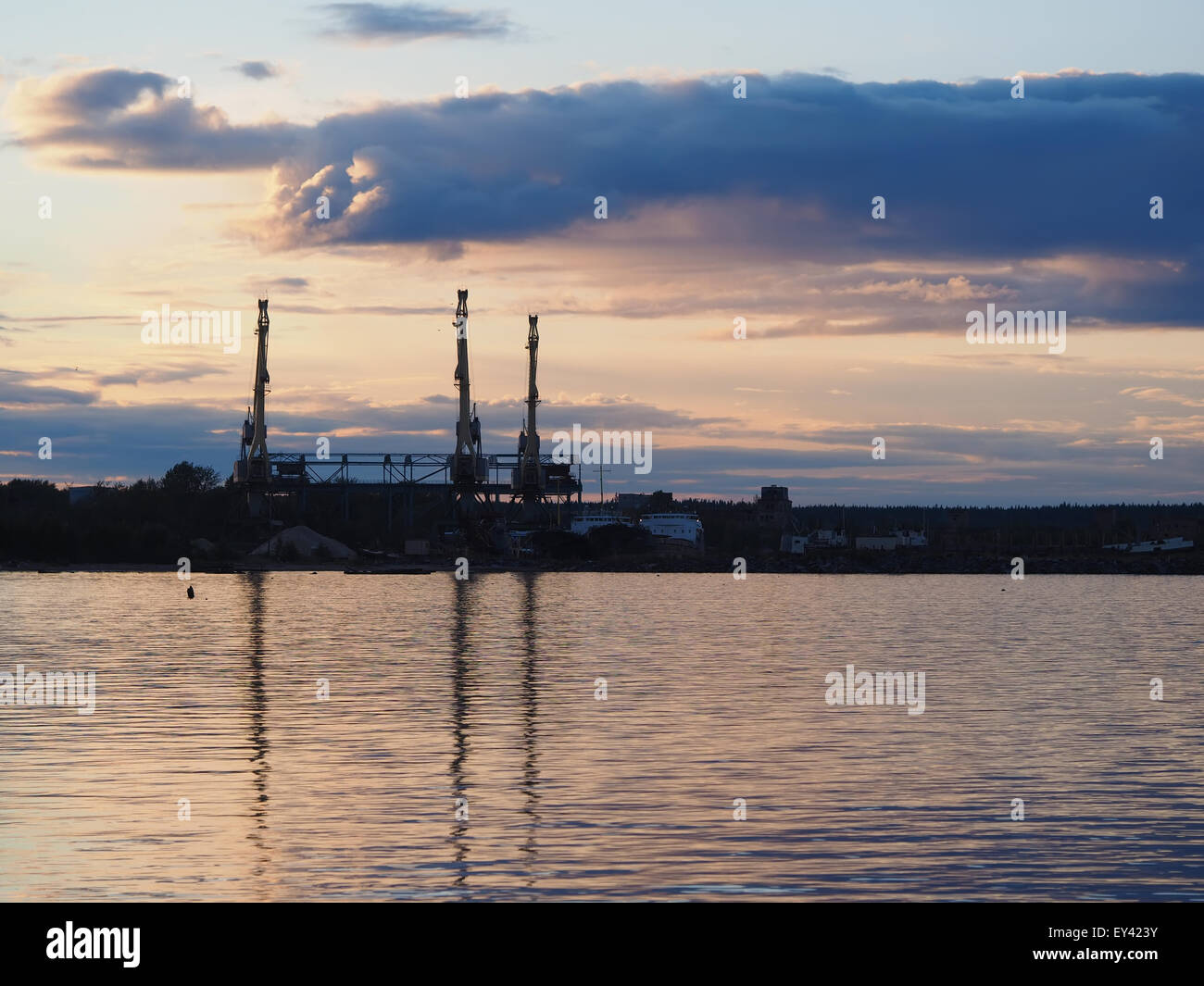 an industrial city on the shore of lake at sunset Stock Photo - Alamy