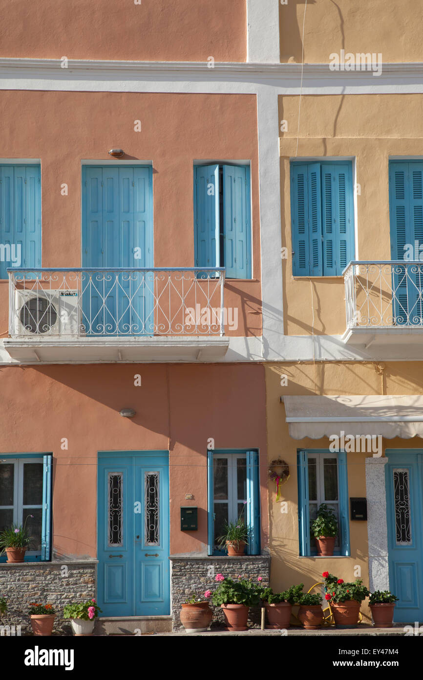 Colourful Greek buildings, Symi houses, pink and cream houses Stock ...