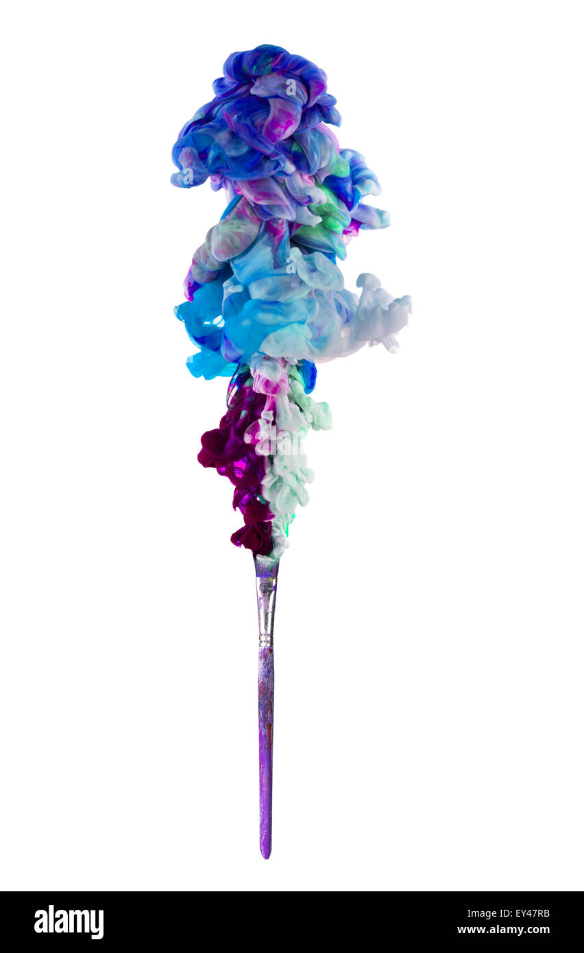 Colored ink splashing from paintbrush on white background Stock Photo ...