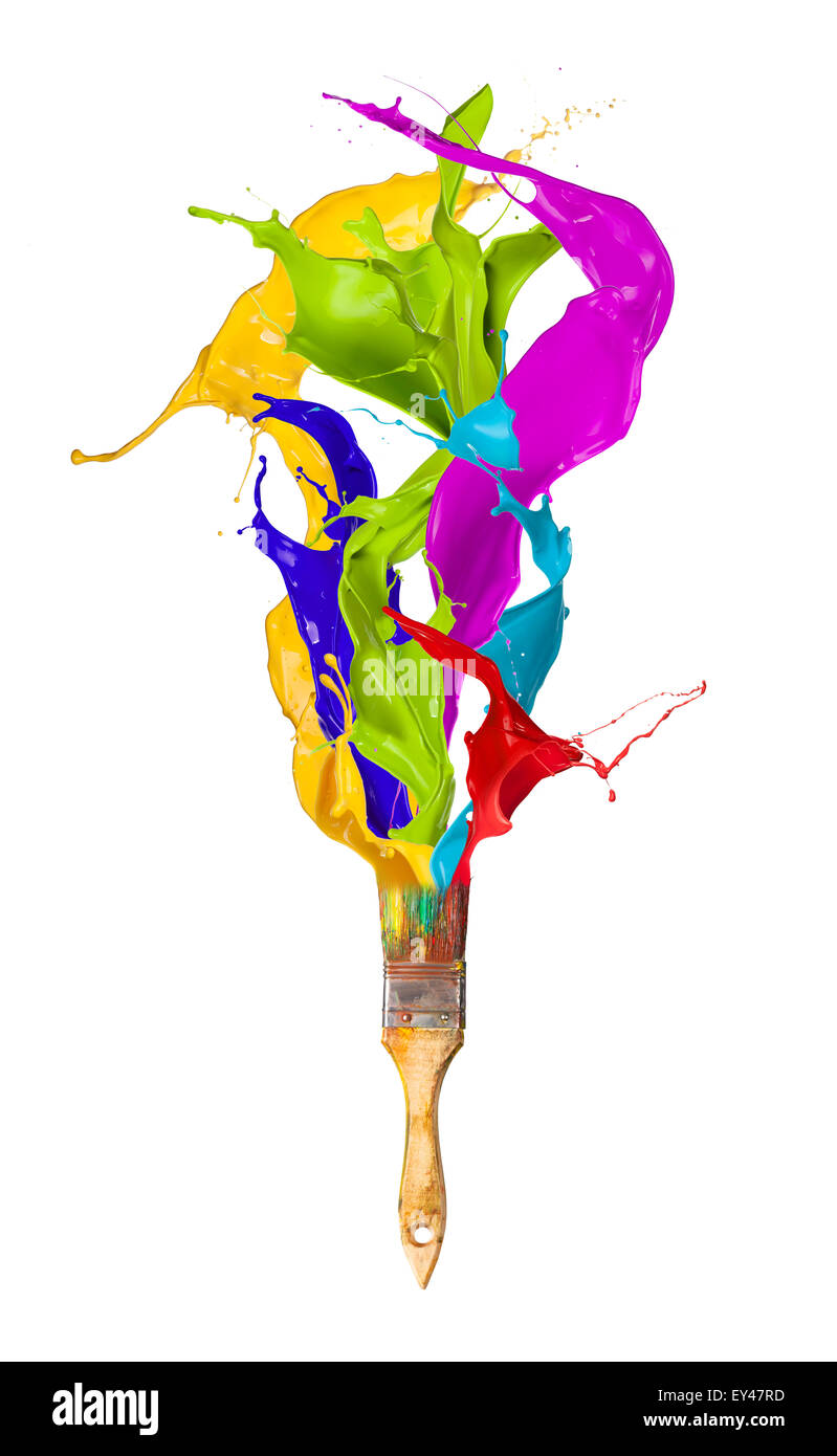 Colored paint splashes splashing from paintbrush on white background ...
