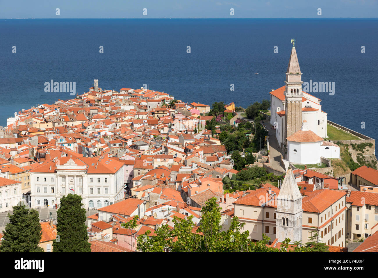 Piran, Primorska, Slovenia. Overall view of the town and of St. George ...