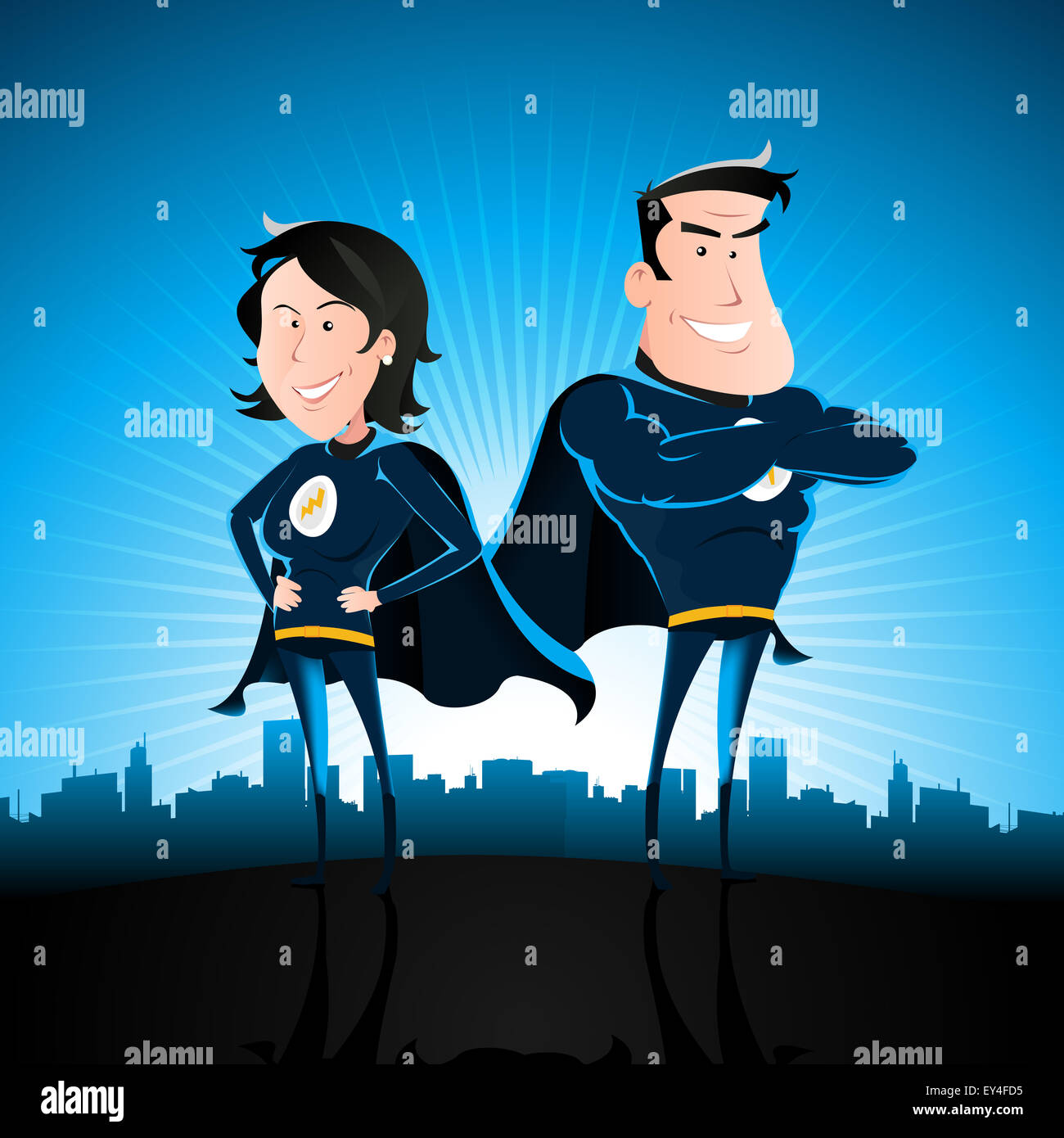 Illustration of a cartoon couple of superhero man and woman standing ...