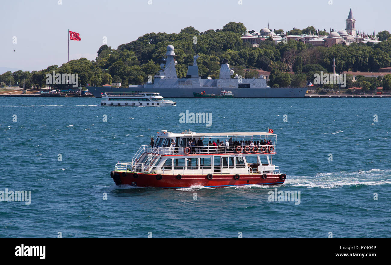 ISTANBUL, TURKEY - JULT 12, 2015: Tour boat in Istanbul city. Bosphorus ...