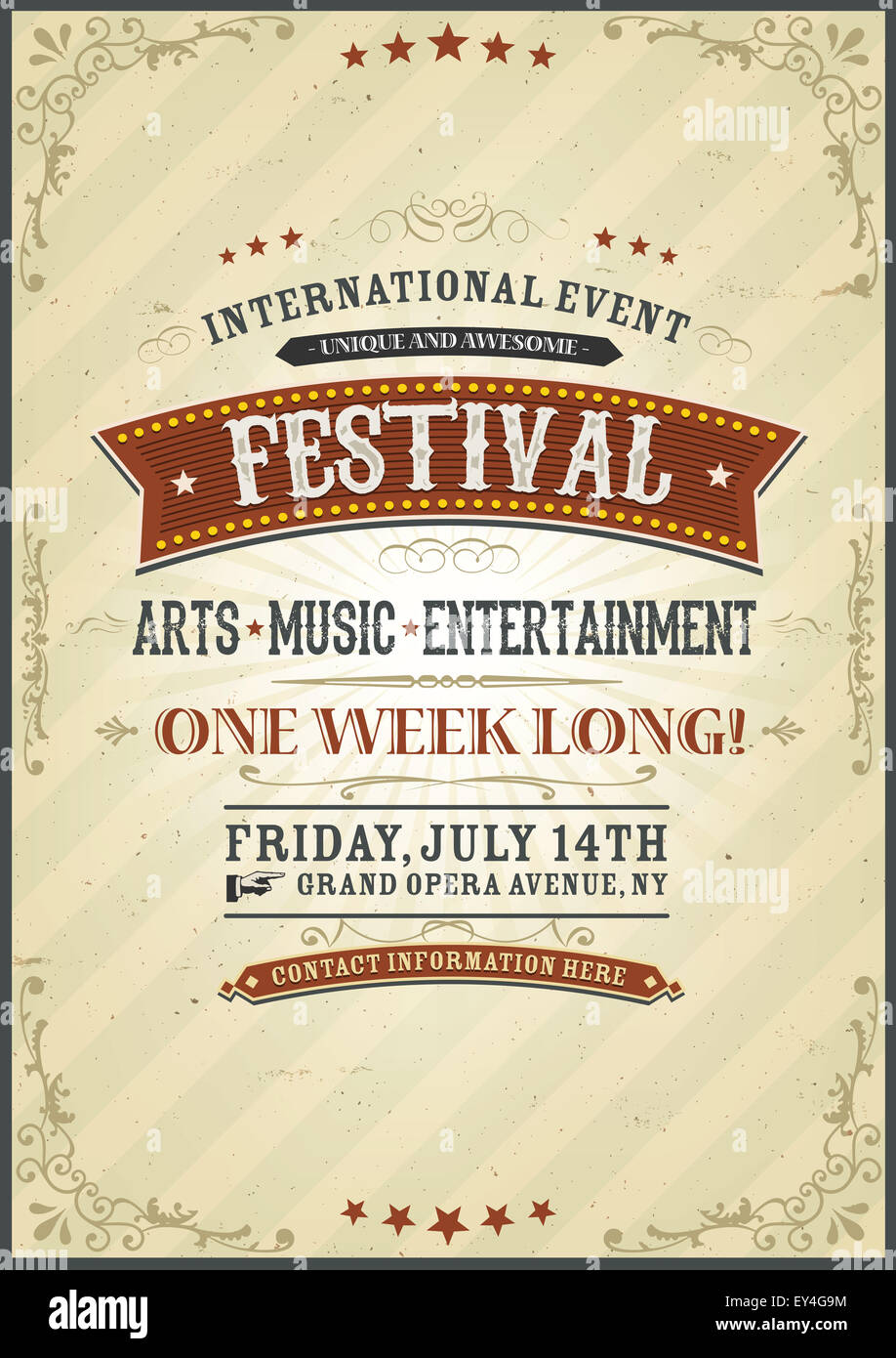 Illustration of a vintage design festival invitation poster with floral ...