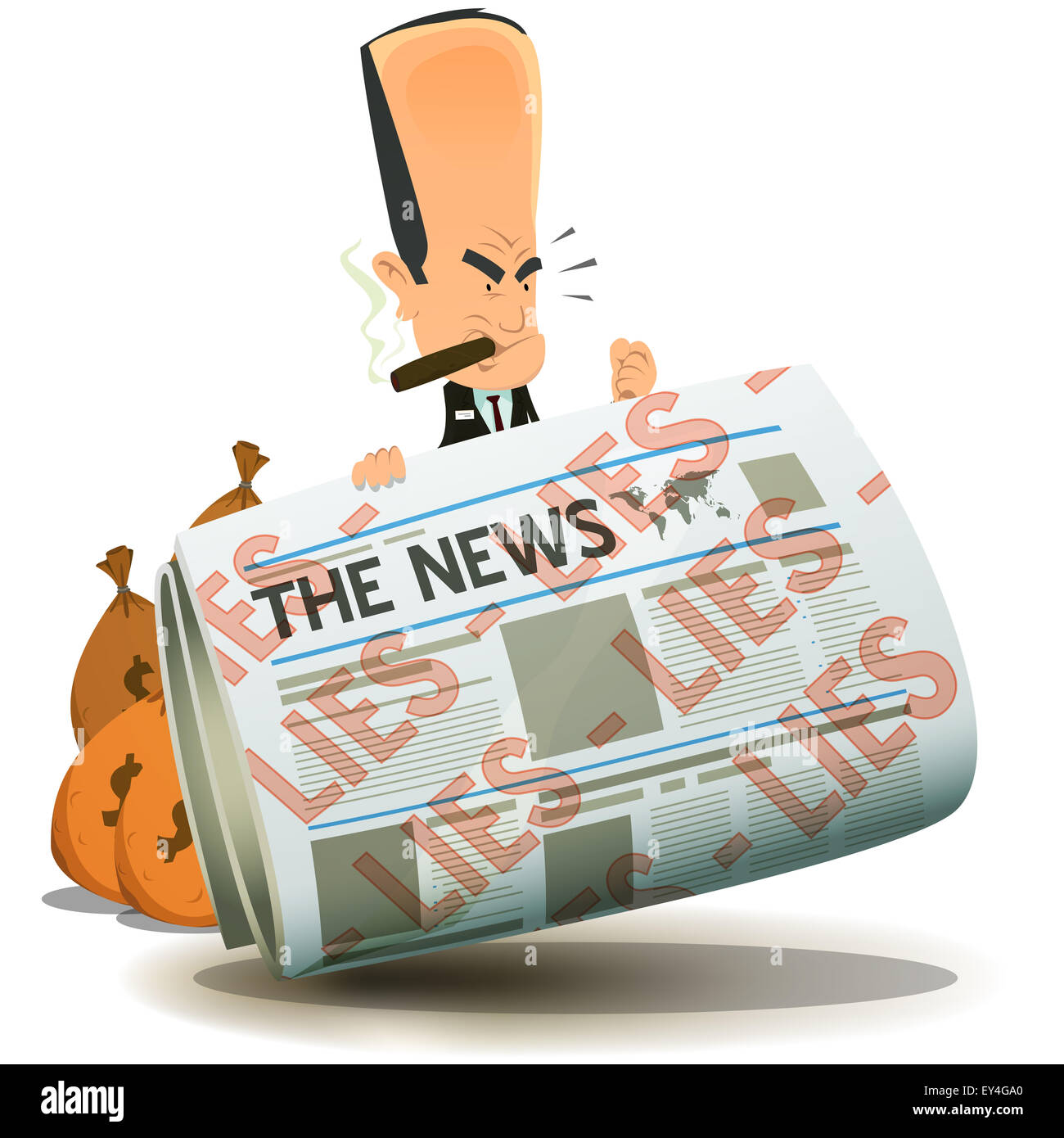 Illustration of a cartoon banker character hiding behind newspaper icon ...