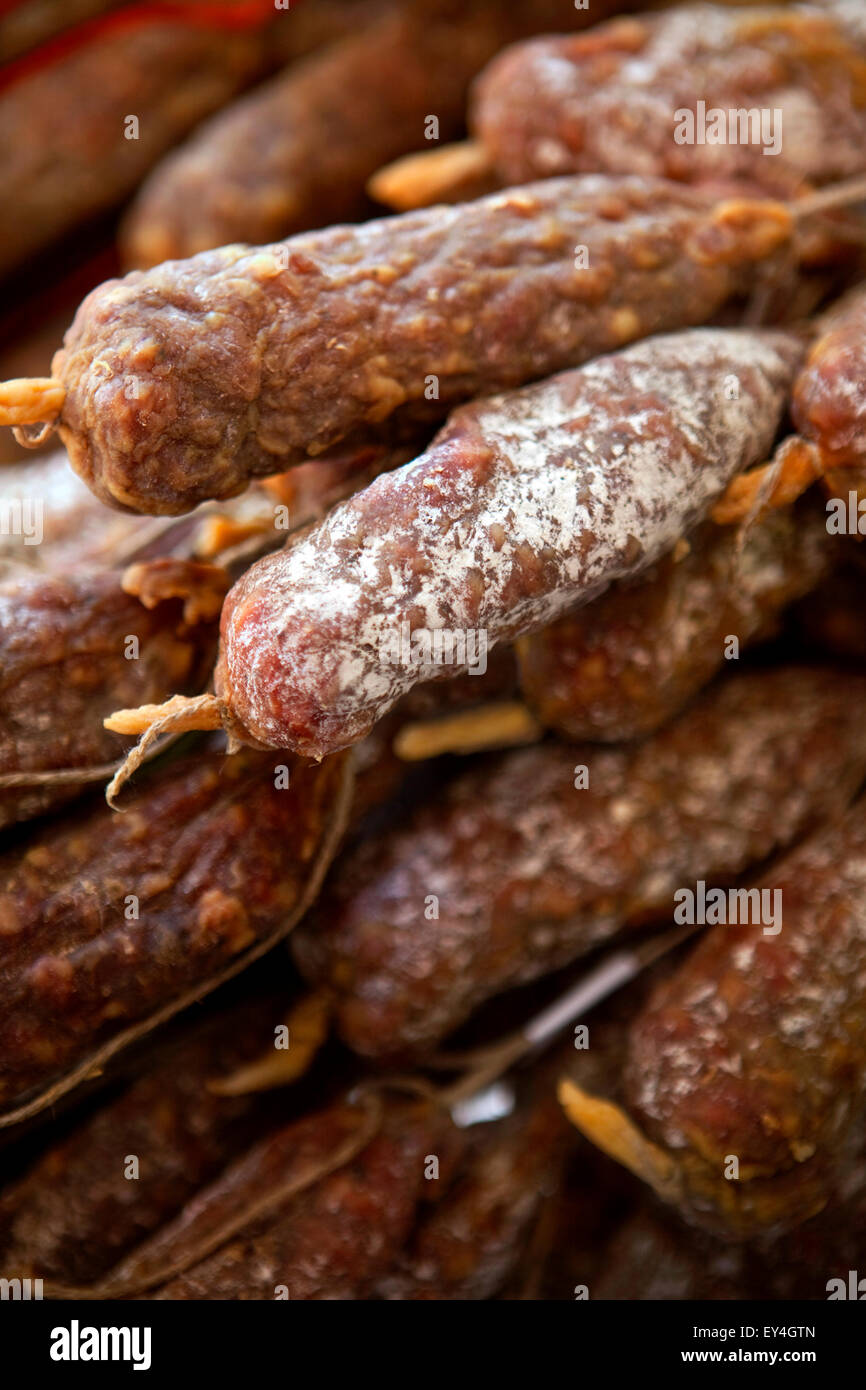 Close up of French sausages on a market stall Stock Photo - Alamy