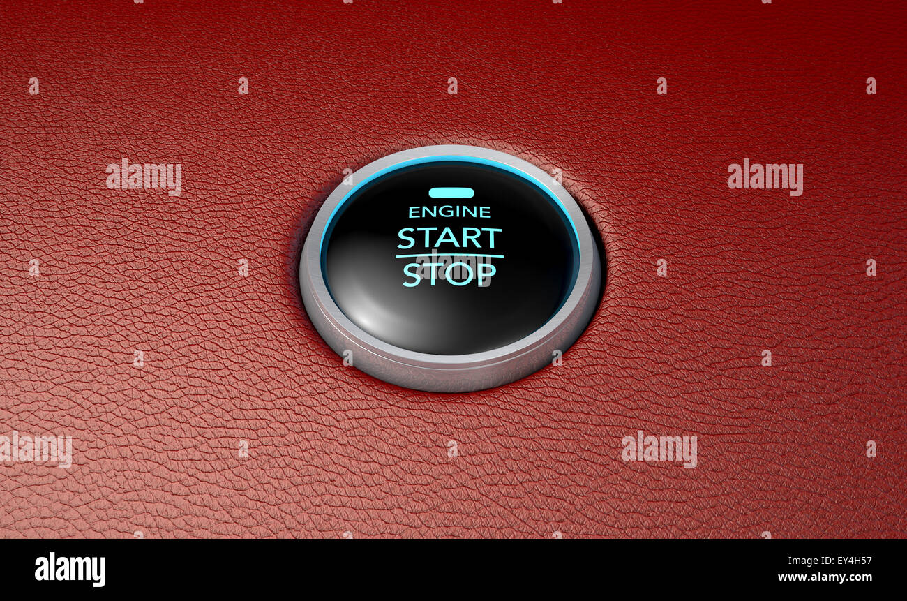 A closeup of a modern car start and stop button with blue lights on a ...
