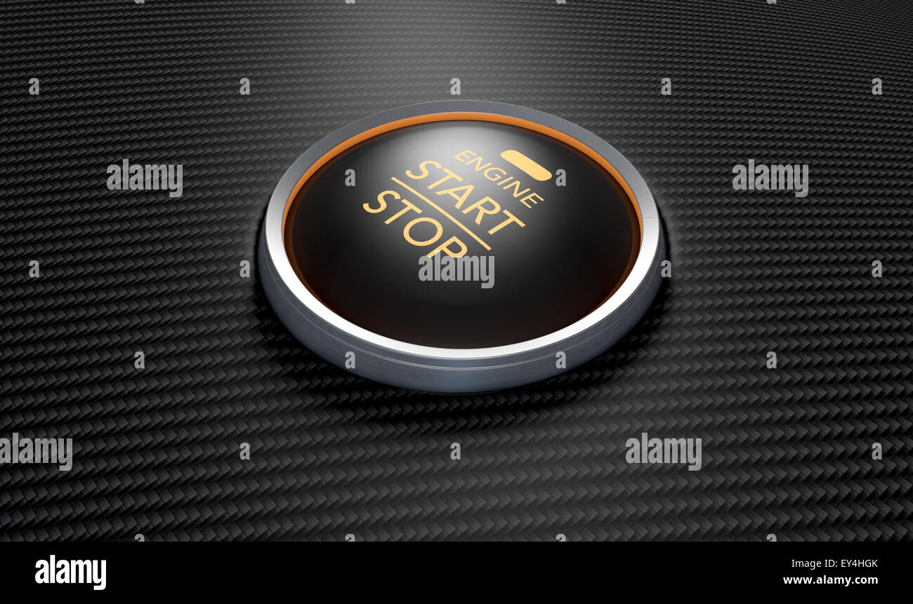 A closeup of a modern car start and stop button with blue lights on a ...