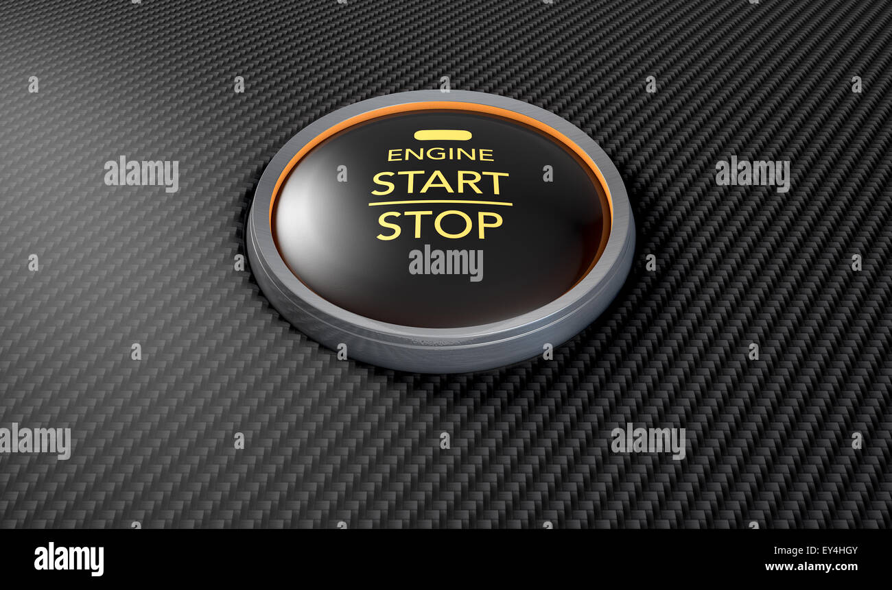 A closeup of a modern car start and stop button with blue lights on a ...