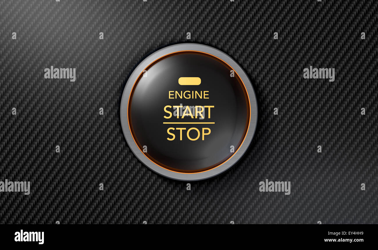 A closeup of a modern car start and stop button with blue lights on a ...