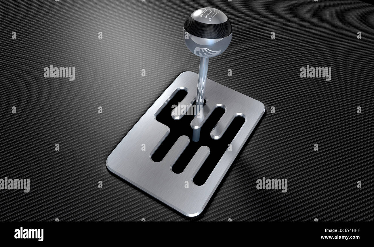 A steel chrome and carbon fibre gear stick shift with an exposed plate ...