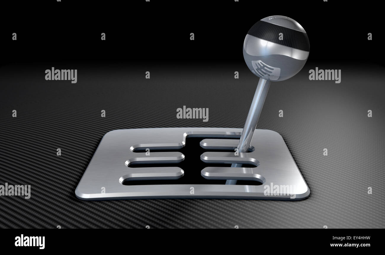 A steel chrome and carbon fibre gear stick shift with an exposed plate ...
