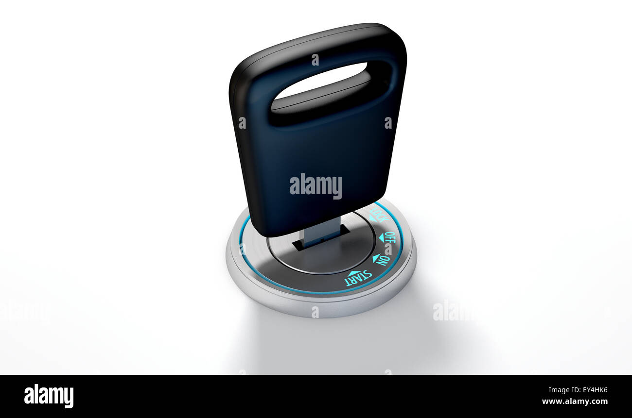 A modern chrome and blue light car ignition with a simple key inserted ...