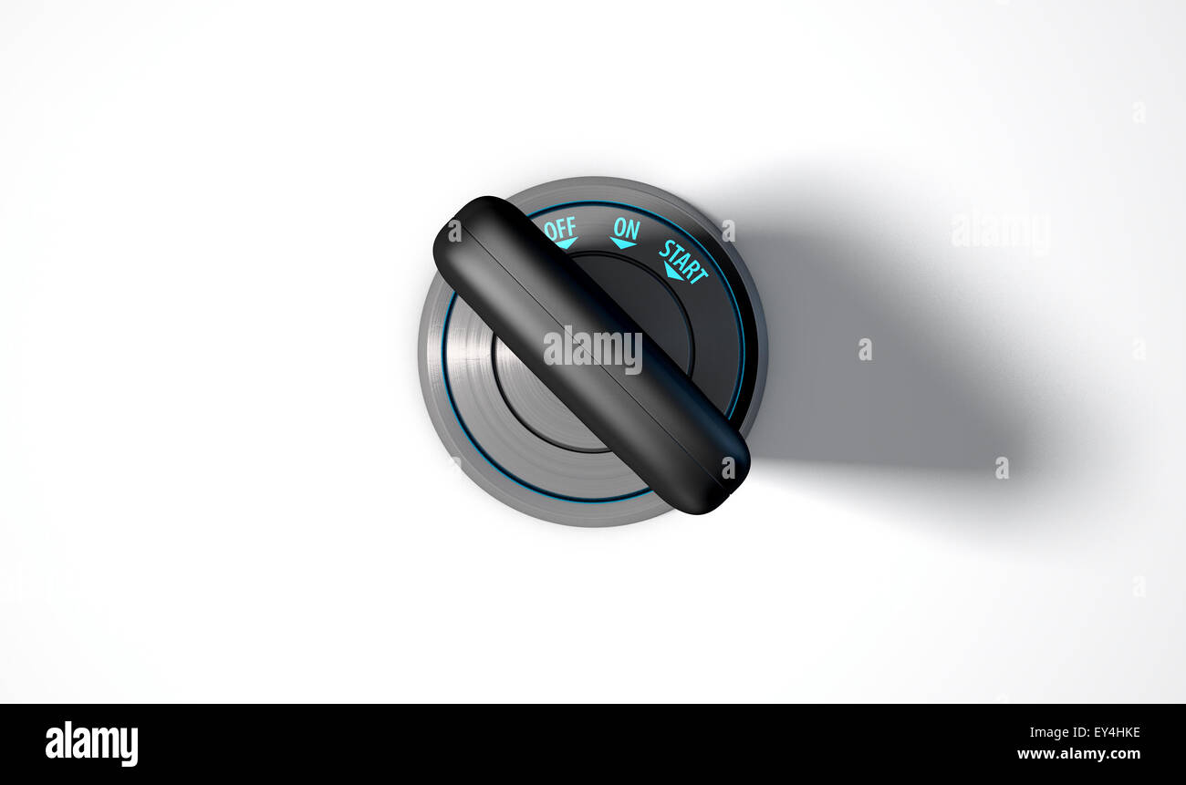 A modern chrome and blue light car ignition with a simple key inserted ...