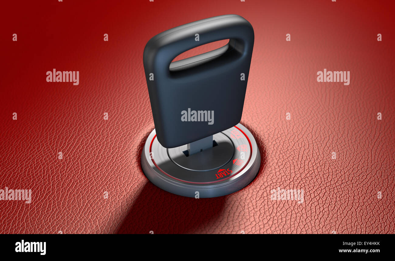 A modern chrome and blue light car ignition with a simple key inserted ...