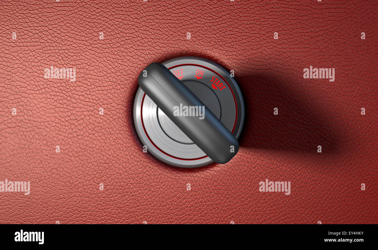 A modern chrome and blue light car ignition with a simple key inserted ...