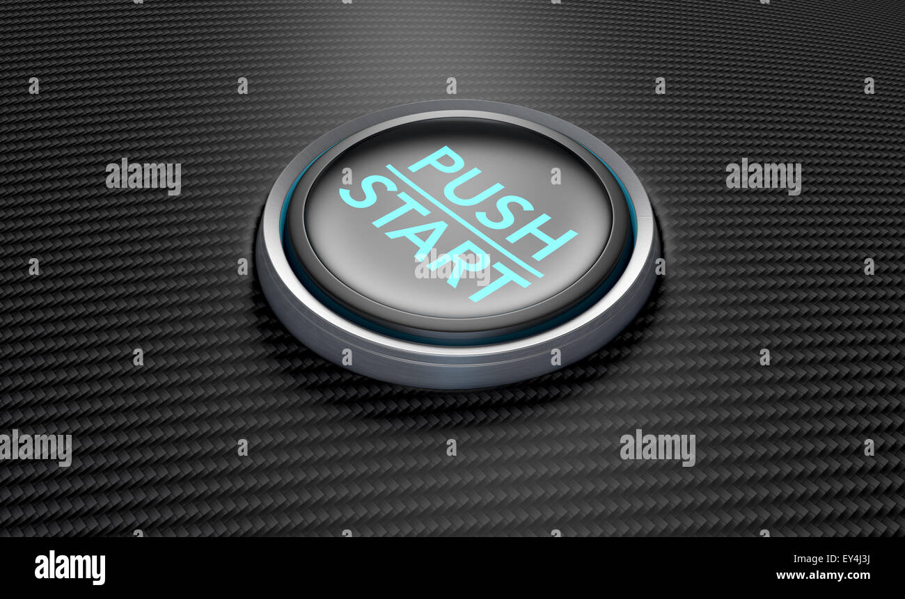 A closeup of a modern car start and stop button with blue lights on a ...