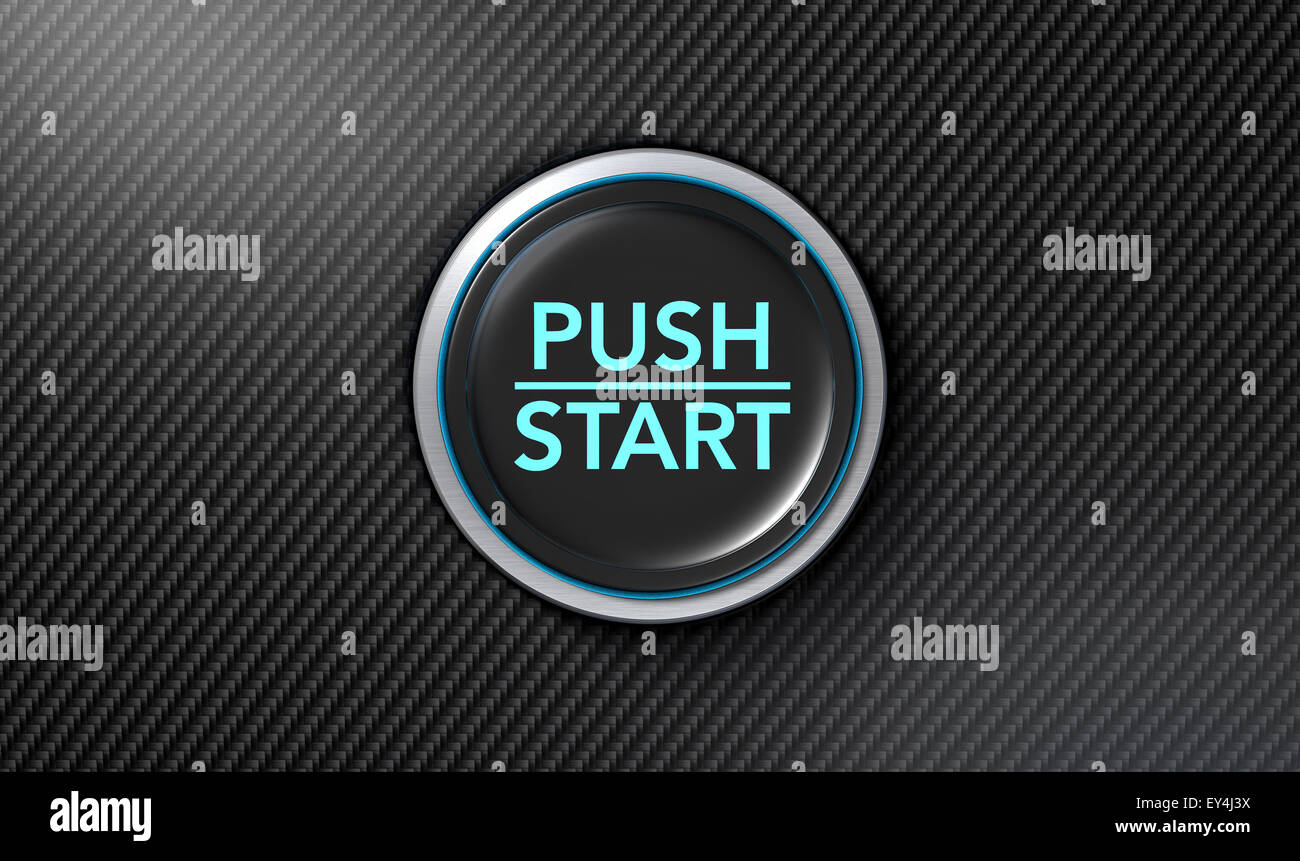 A closeup of a modern car start and stop button with blue lights on a ...