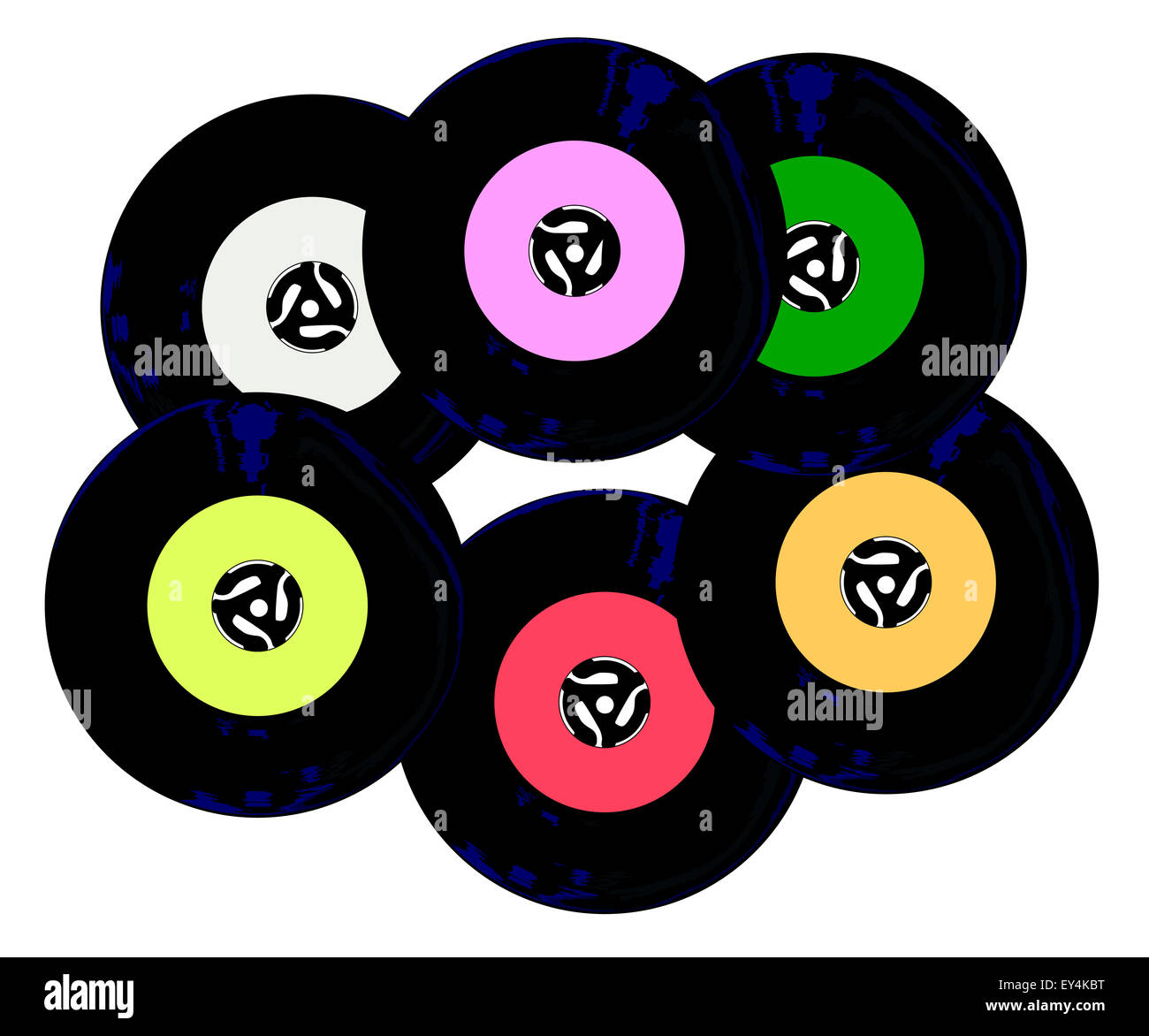 A collection of 45 rpm records with blank labels over a white ...