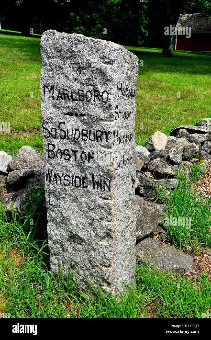 Sudbury, Massachusetts: A colonial-era stone sign post shows directions ...