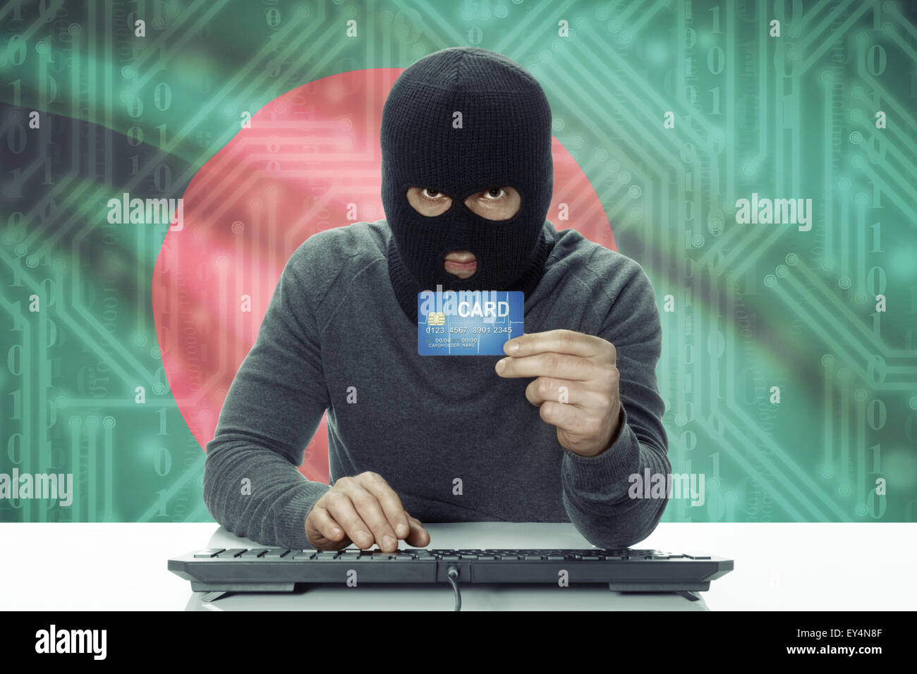 Dark-skinned hacker with credit card and flag on background - Bangladesh Stock Photo - Alamy