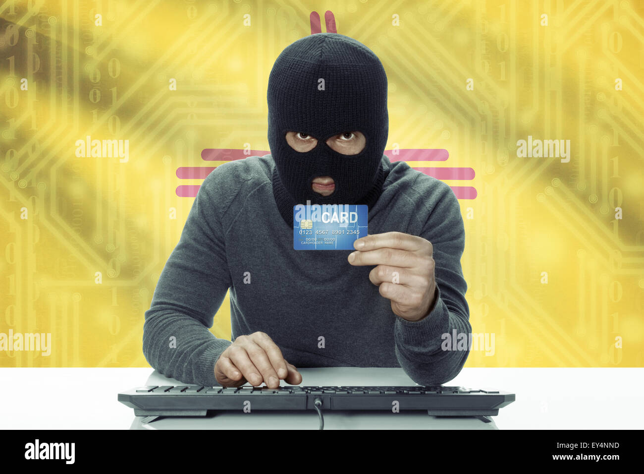Dark-skinned hacker with credit card and USA states flag on background ...