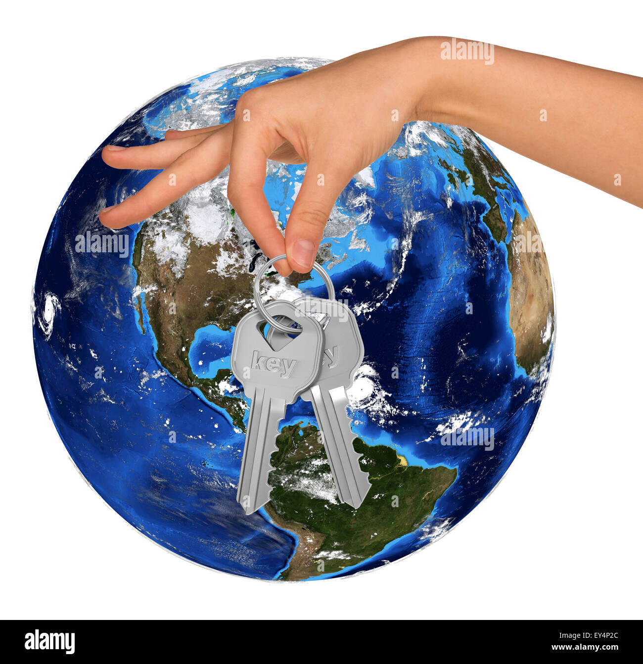 Humans hand holding keys and Earth Stock Photo - Alamy
