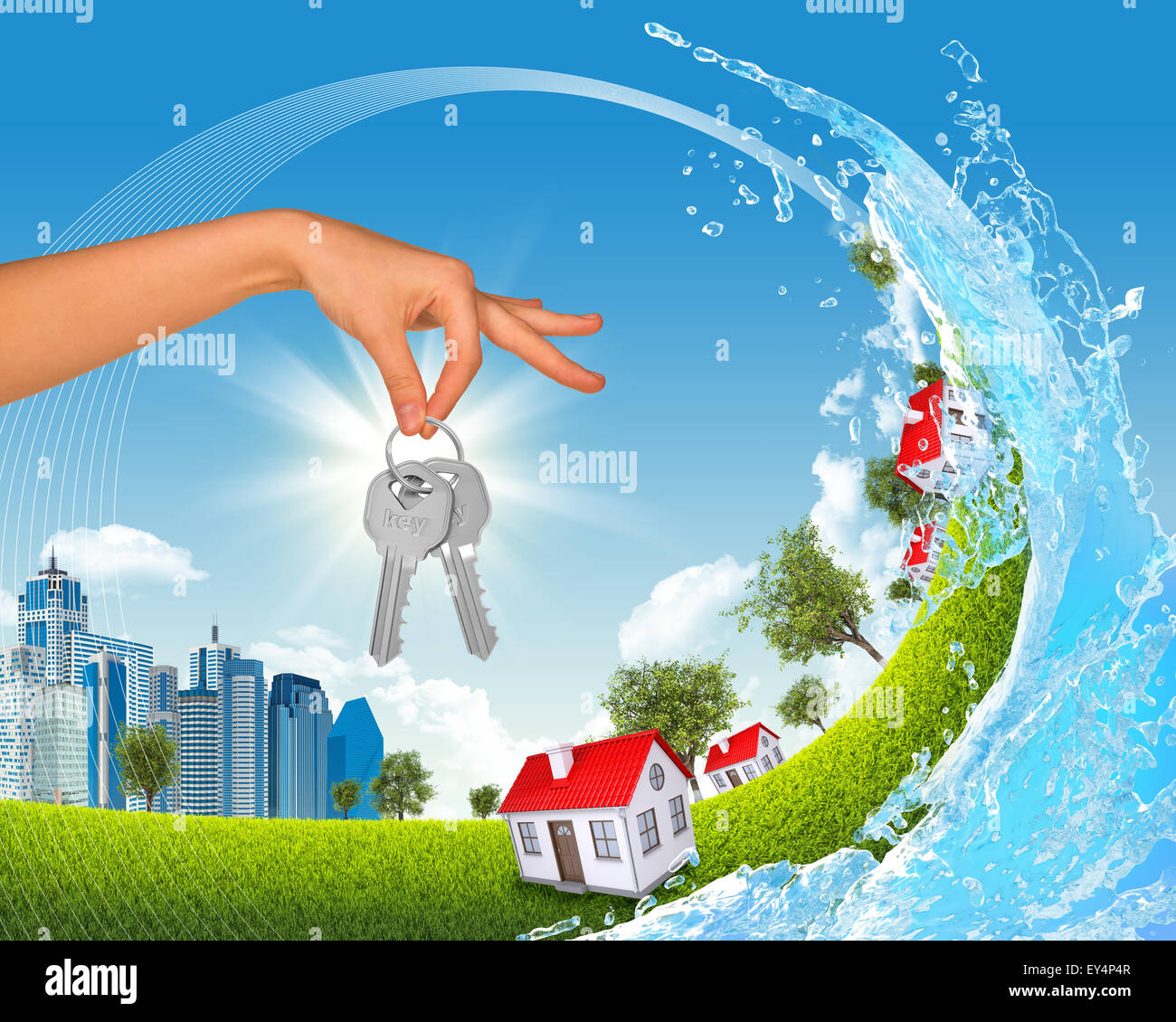 City inside ocean wave with hand and keys Stock Photo - Alamy