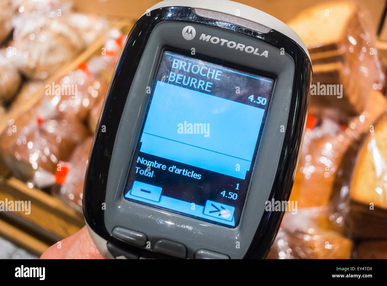 Paris, France, Hand held Barcode Reader in Luxury Food Grocery Shopping ...
