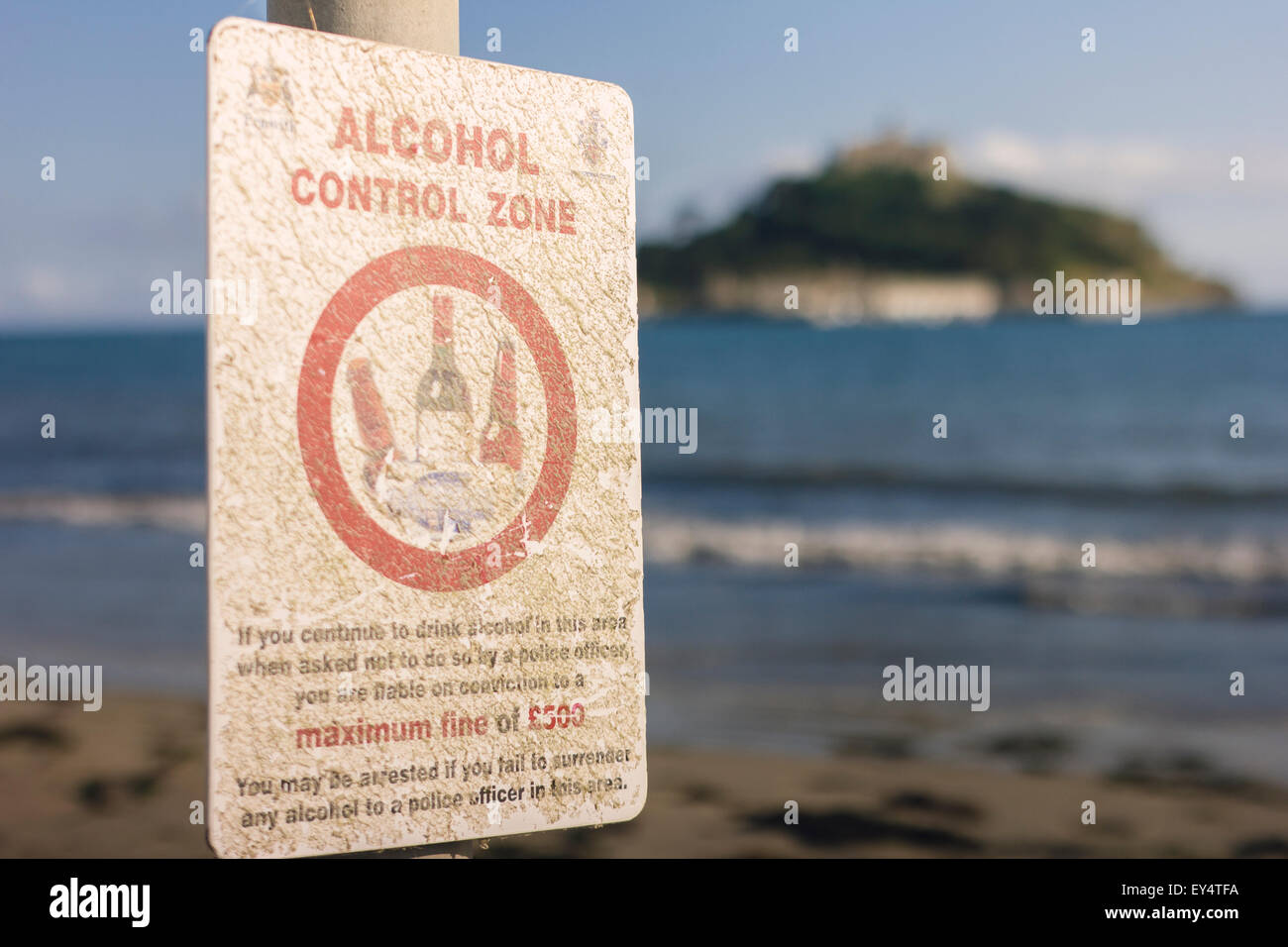 Alcohol Control Zone sign at St Michaels Mount, Marazion, Cornwall ...