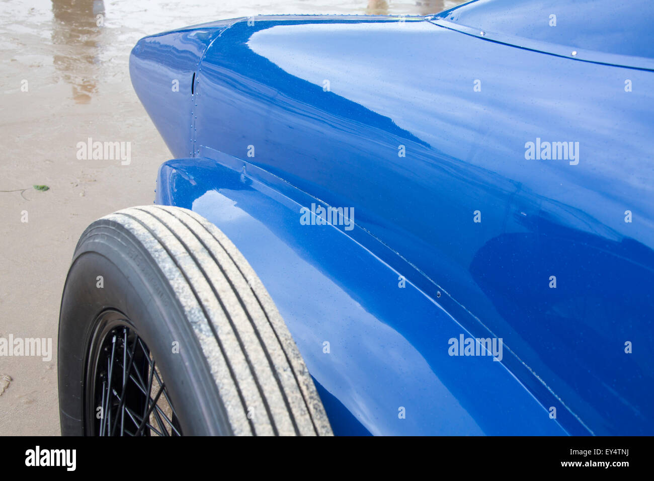 Rear wheel of Bluebird racing car. Pendine Beach, Carmarthen, Wales, UK ...