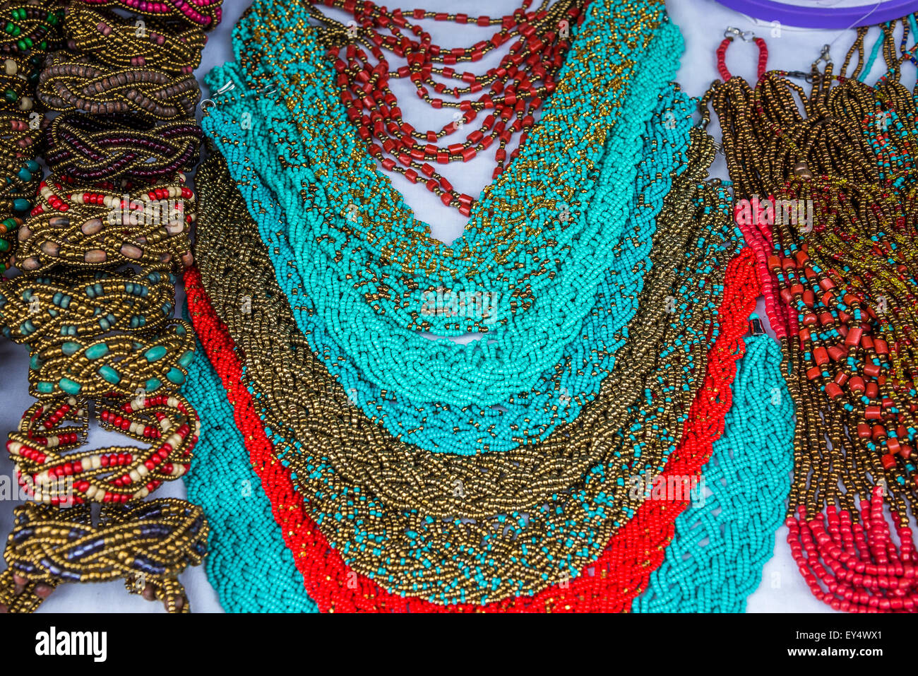 Colorful beaded necklaces and other native jewelries at local market ...