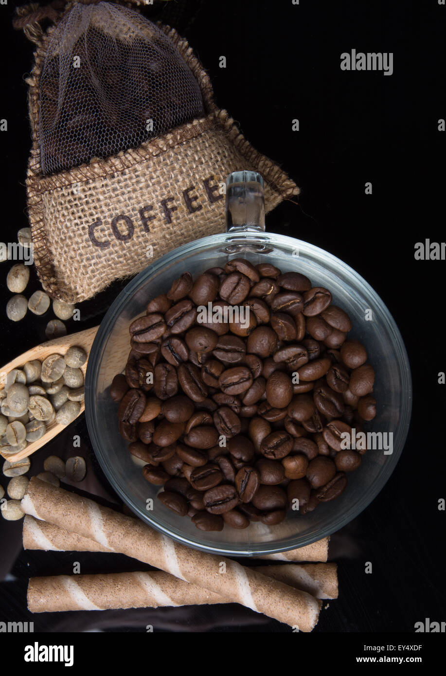 invigorating coffee beans with coffee bag Stock Photo - Alamy